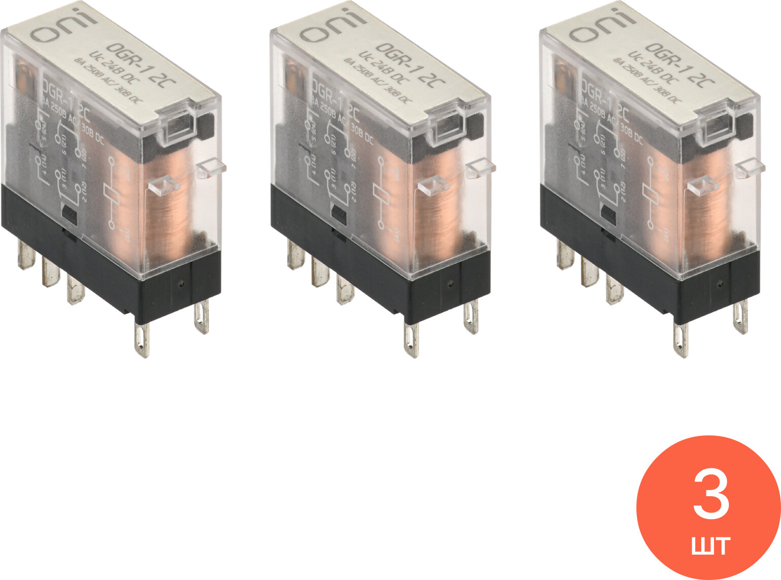 Реле промежуточное ONI / ОНИ OGR-1 2C, 8А 24В DC, OGR-1-2C-DC24V / электрика (комплект из 3 шт)