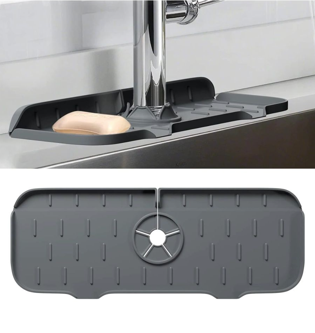 Коврик для раковины с креплением к крану / Коврик для раковины вокруг крана / размер 37 х 14 см, серый