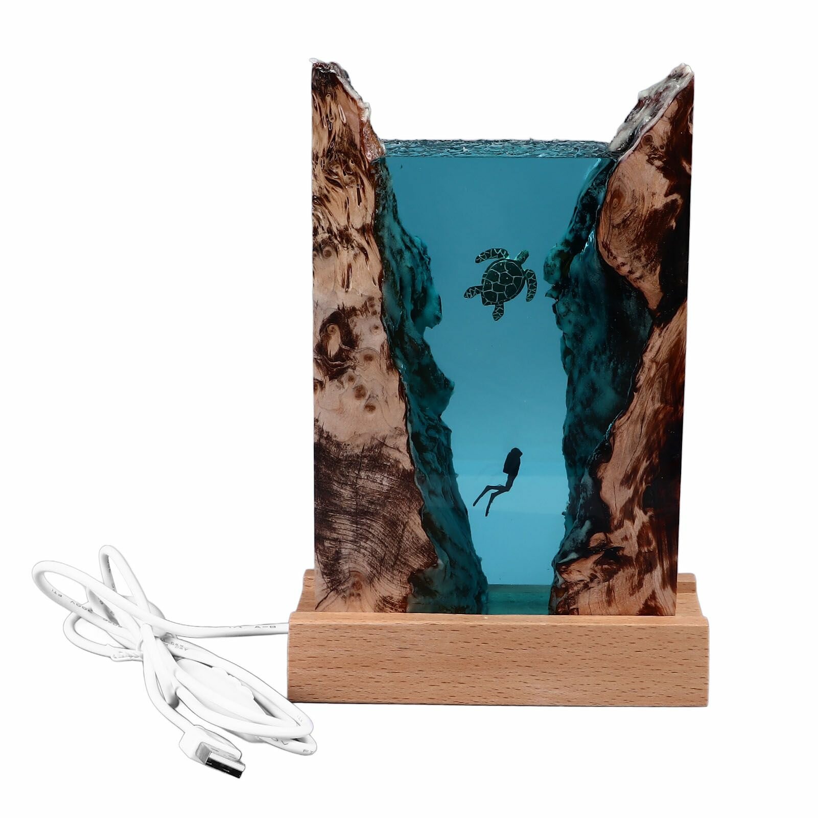Лампа из смолы "Дайвер с черепахой" с USB-кабелем, выключателем-кнопкой и светодиодной подсветкой для океанских ценителей, орнаментальное панно для стола
