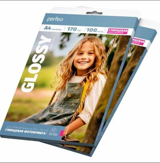 Фотобумага Perfeo формат А4, плотность 170 г/м2, глянцевая, 100 листов в упаковке