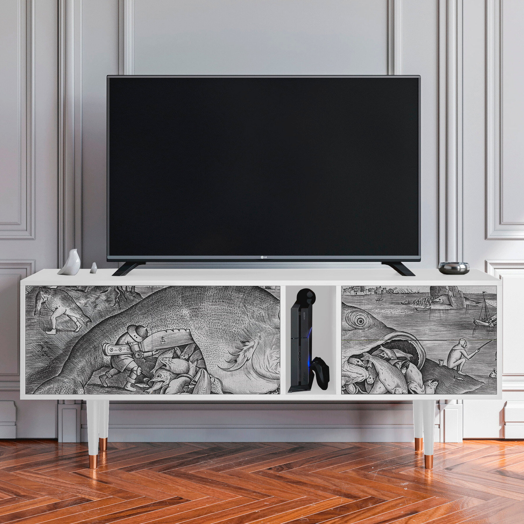 ТВ-Тумба - STORYZ - T1 Big Fish Eat Little Fish by Pieter Bruegel, Размер - 170 x 69 x 48 см, Цвет корпуса - , Белый