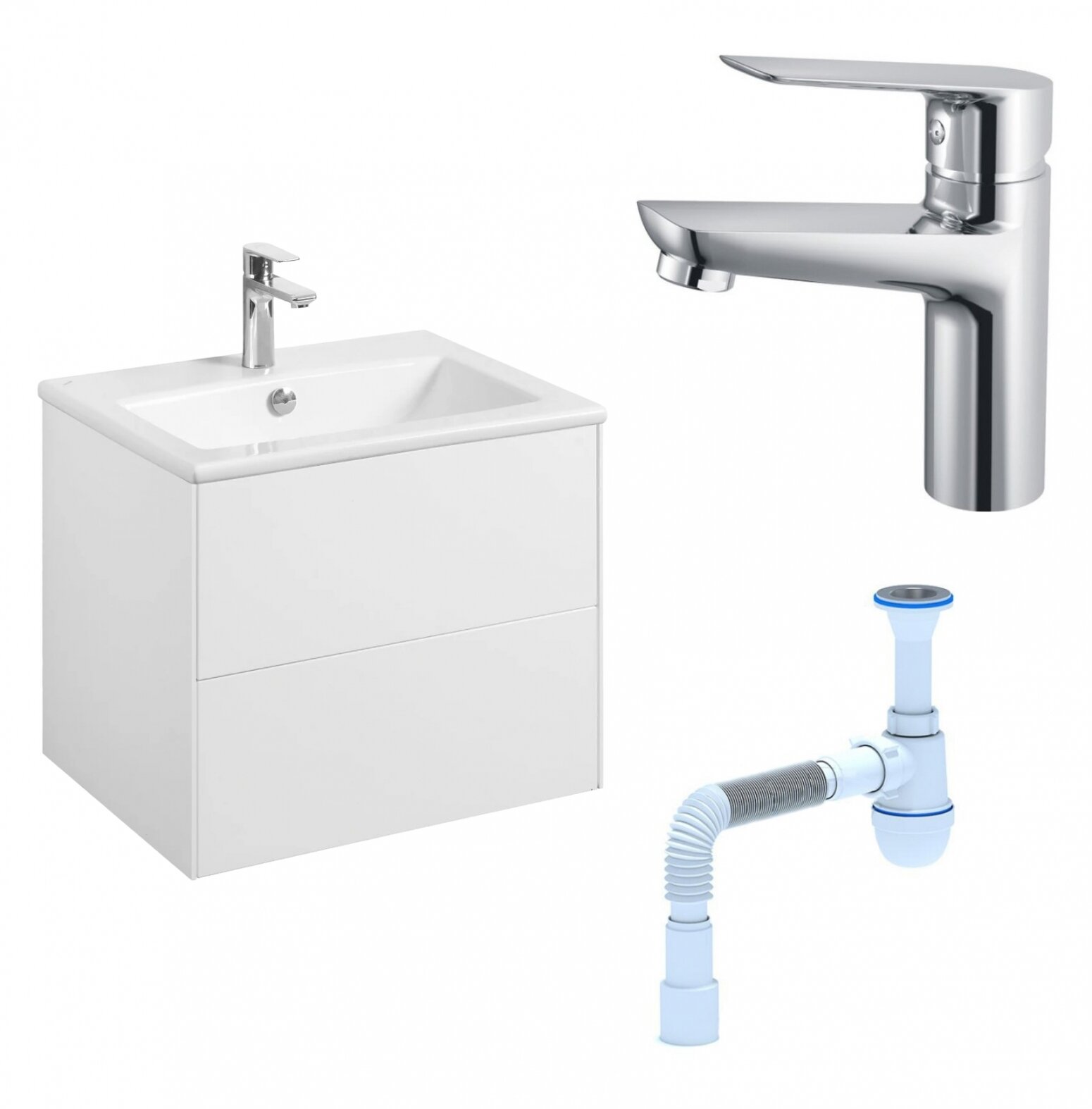 Комплект: Тумба с раковиной Акватон Сохо 60 белая + Смеситель Haiba HB10506 хром + Сифон АниПласт 492403+HB10506+C2015xrv