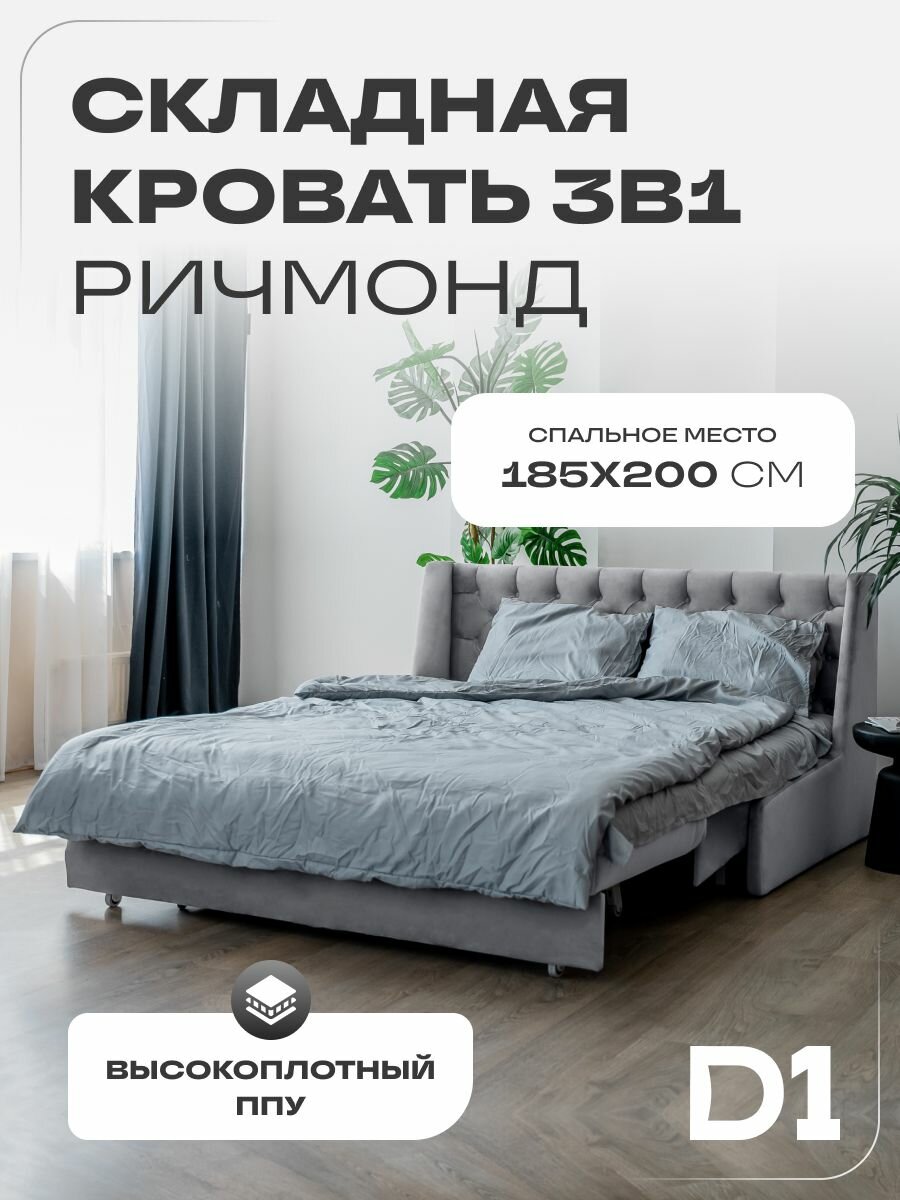 Складная кровать 3в1 Ричмонд 185x200. ППУ, диван-кровать аккордеон, металлокаркас. Велюр серый