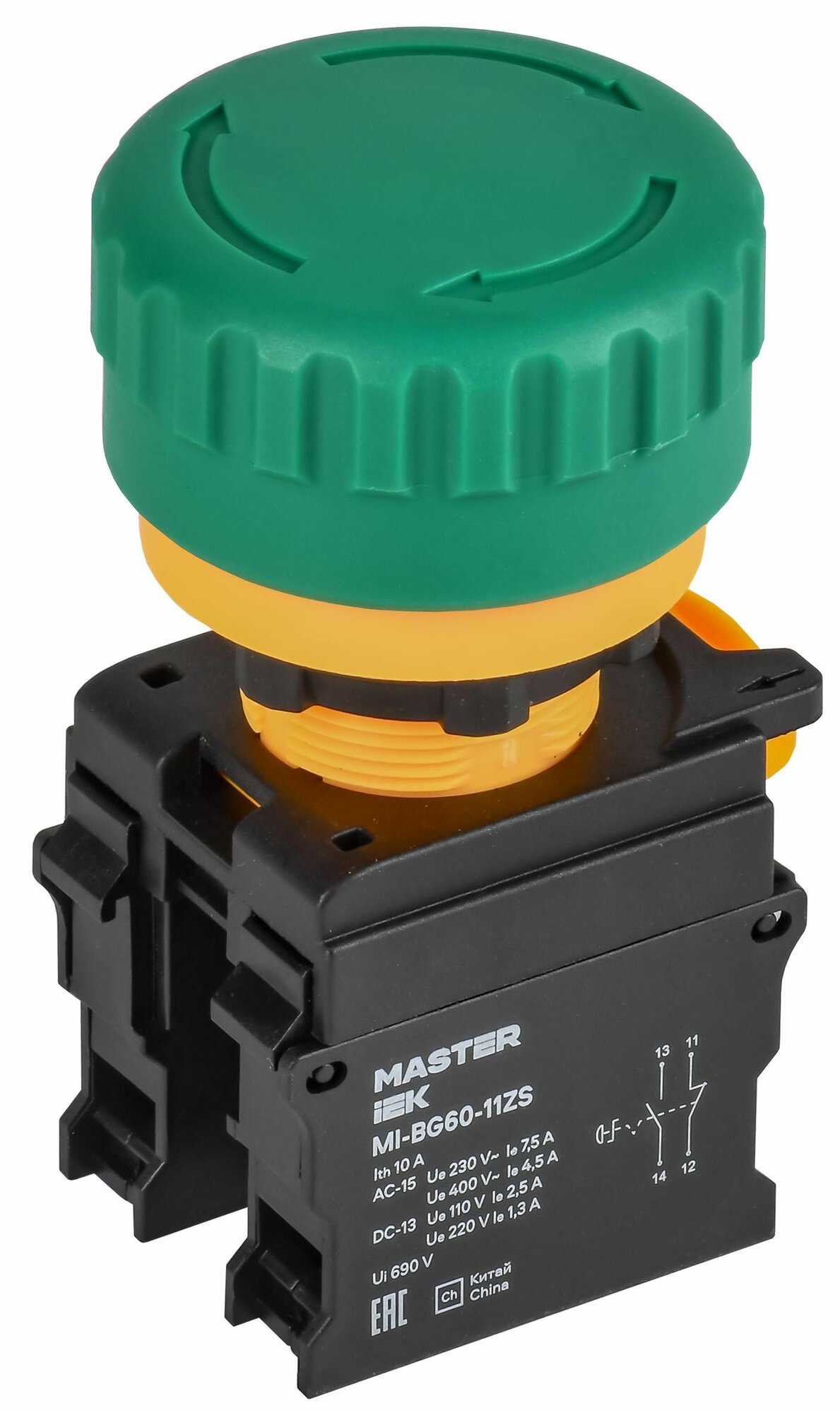 Кнопка управления IEK Грибок, поворотная, с фиксацией, 1NO+1NC, зеленая, Master