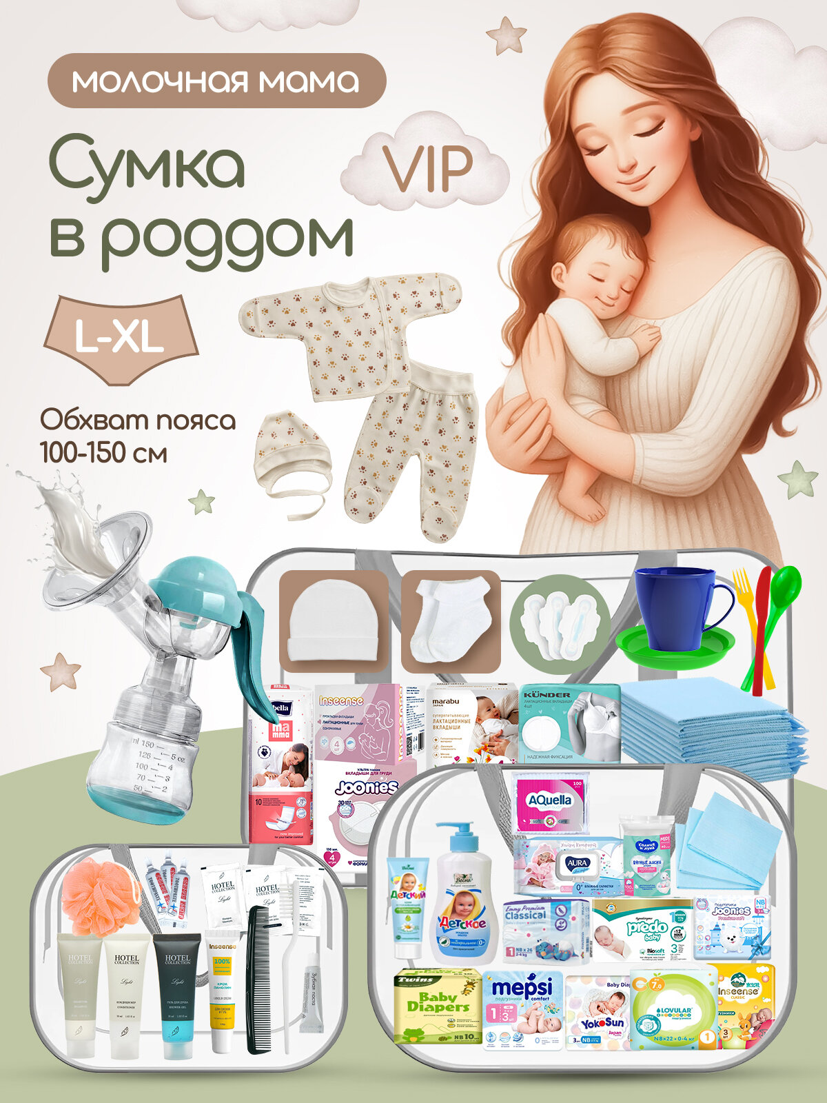 Готовая сумка в роддом для малыша и мамы с одеждой и молокоотсосом, серая, послеродовые трусы L-XL