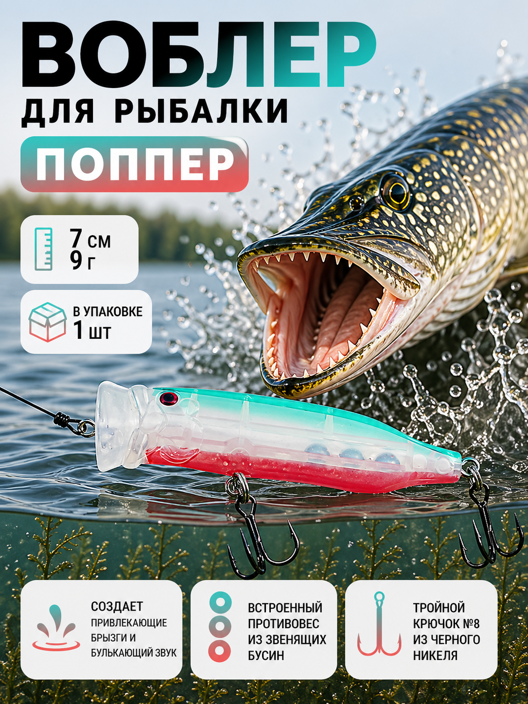 Рыболовный воблер поппер, прозрачная плавающая приманка Big Splash, для дальнего заброса с тройными крючками и погремушкой, 7 см/9 г, прозрачно-красно-зеленый