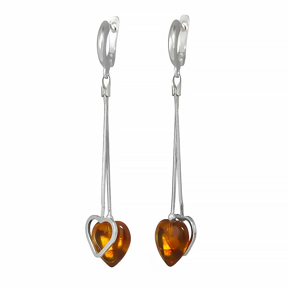 Серьги цепочки, серебро, 925 проба, янтарь