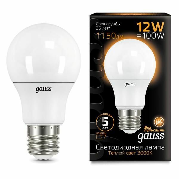 Лампа Gauss A60 12W 1150lm 3000K E27 LED (10 шт.)