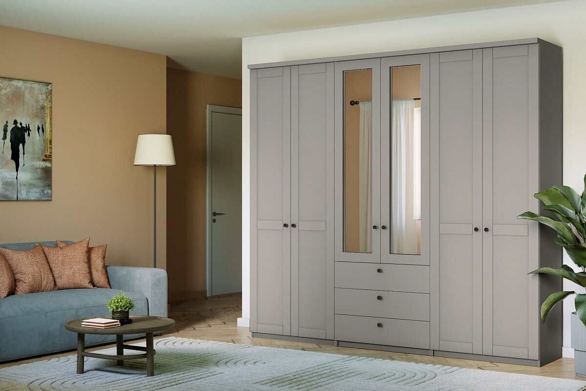 Шкаф распашной МебельЛэнд24 София РАХ - 14 МДФ Кашемир 240x50x220 бежевый для одежды с 3 ящиками с зеркалом