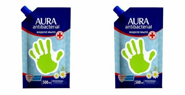 AURA Жидкое мыло с антибактериальным эффектом, ромашка, дой-пак, 500 мл - 2 уп.