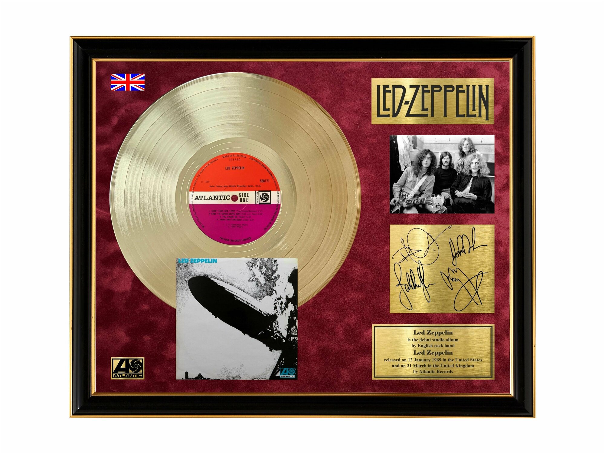 Led Zeppelin золотой винил в рамке и автографы музыкантов