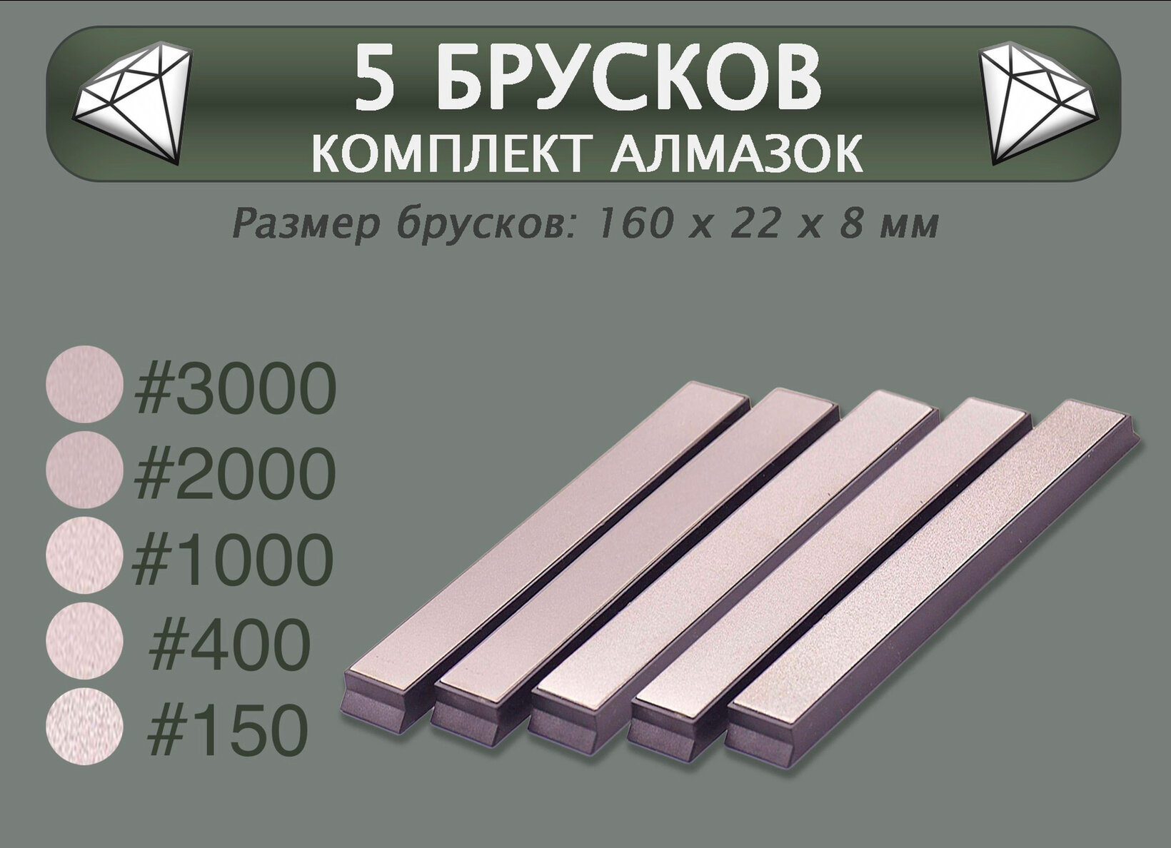 Набор из 5 алмазных брусков для заточки стандарта Apex #150, #400, #1000, #2000, #3000 грит