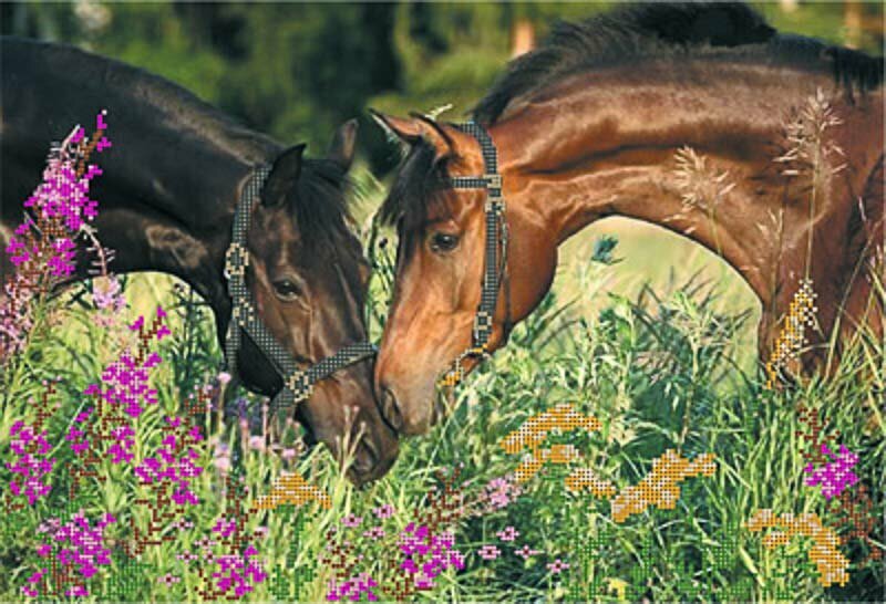 Канва/ткань с рисунком Матренин посад для вышивания бисером 37 см х 49 см 4035 Пара лошадей