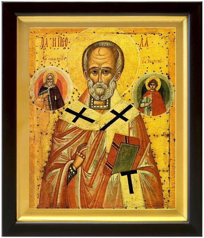 Николай Чудотворец с Илией Пророком и Георгием Победоносцем, XV - XVI вв, икона в темном деревянном киоте 19*22,5 см