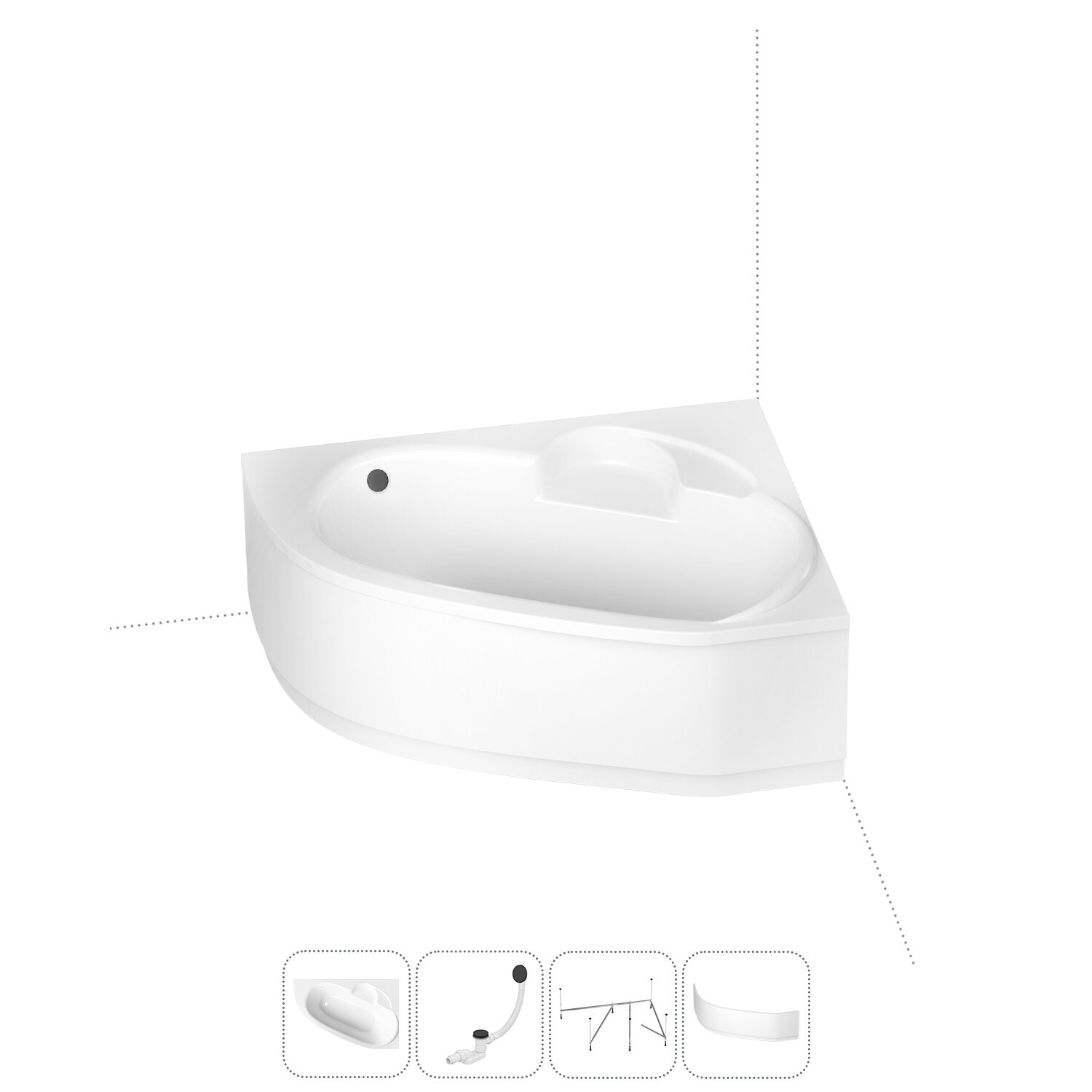 Угловая ванна акриловая 160 x 105 с каркасом и экраном Lavinia Boho Bell Pro 202011220 в наборе 4 в 1: асимметричная ванна (правый разворот), слив-перелив, каркас, экран
