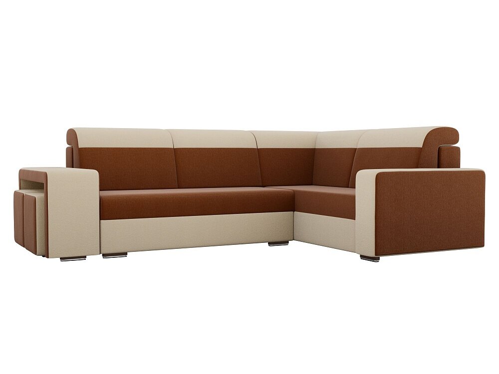 Угловой диван Мустанг с двумя пуфами Коричнево-Бежевый Рогожка, еврокнижка, 275х210х93 см, с ящиком для белья