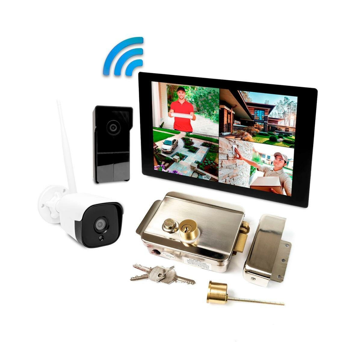 Беспроводной домофон TUYA с камерой и с электрозамком - SkyNet-10.00 (1+1+AX042) (Q23921SKY): HD Wi-Fi экран 10 дюймов, вызывная панель, замок элект