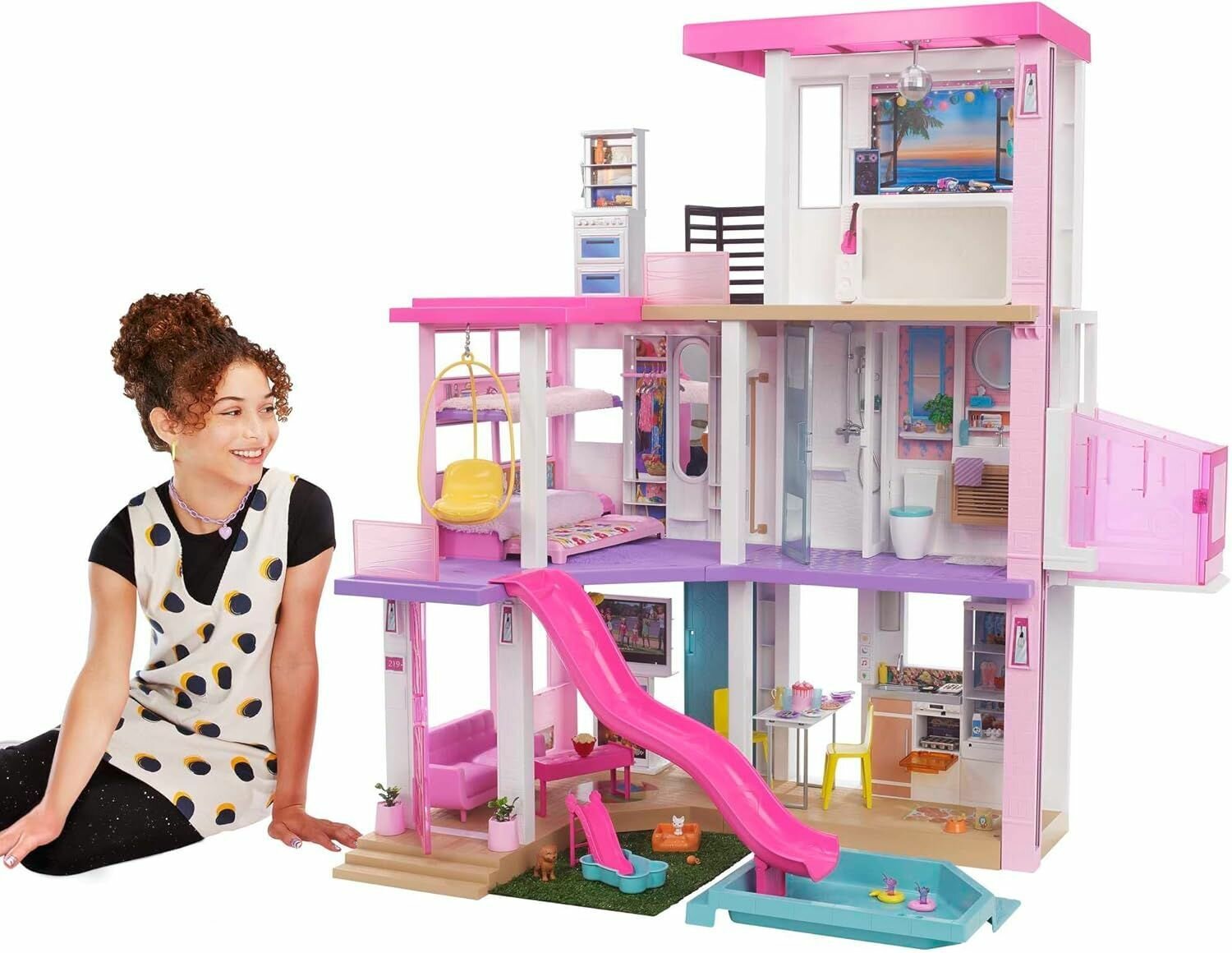 Кукольный дом Barbie DreamHouse с 75+ аксессуарами и лифтом для инвалидной коляски, 10 игровых зон, 3 пользовательские настройки света и музыка, GRG93