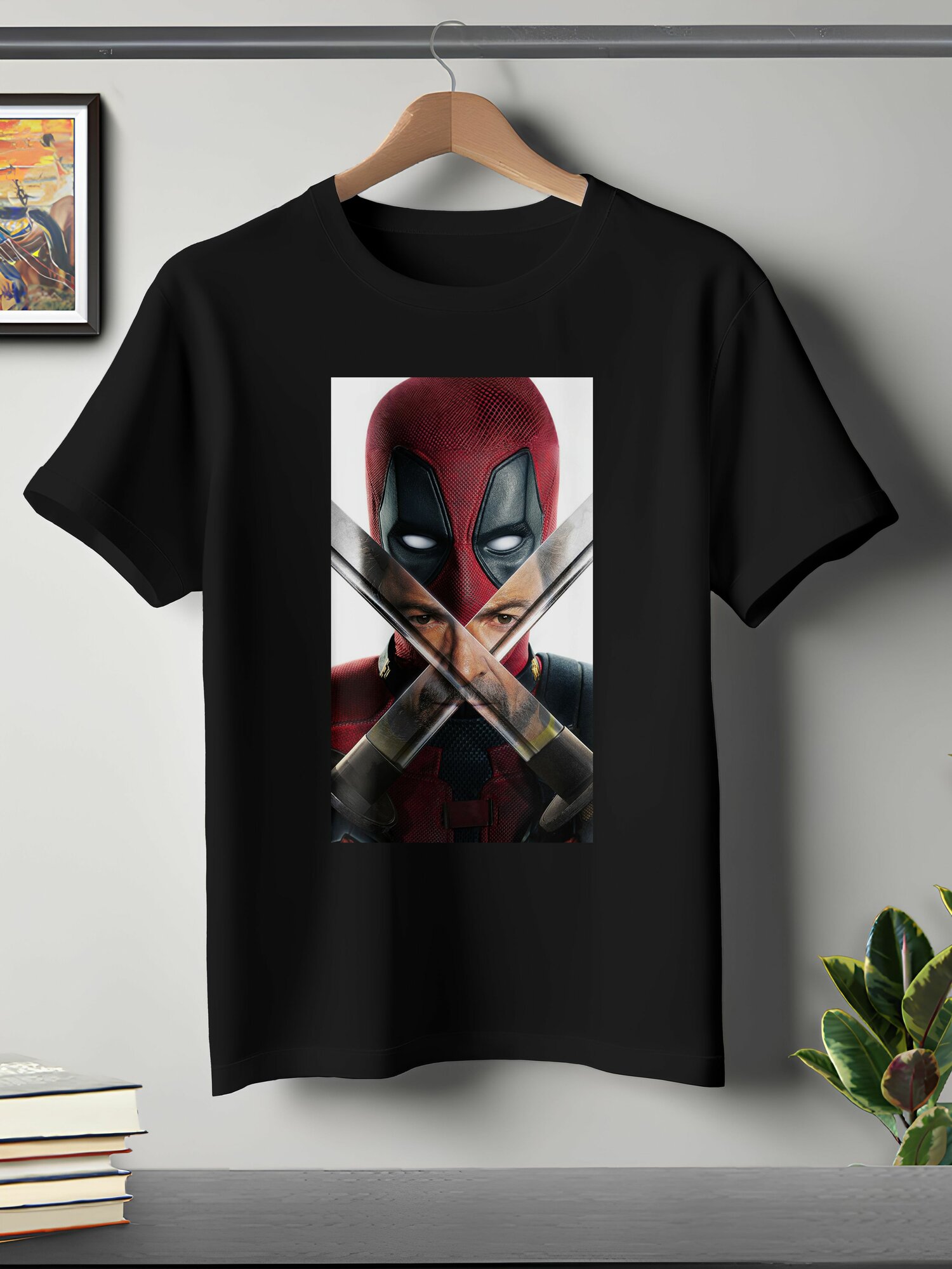 Футболка ONEQ унисекс 46-48 (M) размер с принтом Дэдпул и Россомаха, черная