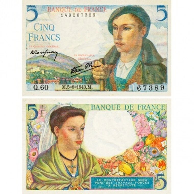 5 франков 1943 года Франция, Бергер, сувенирная копия, банкноты и купюры редкие коллекционные