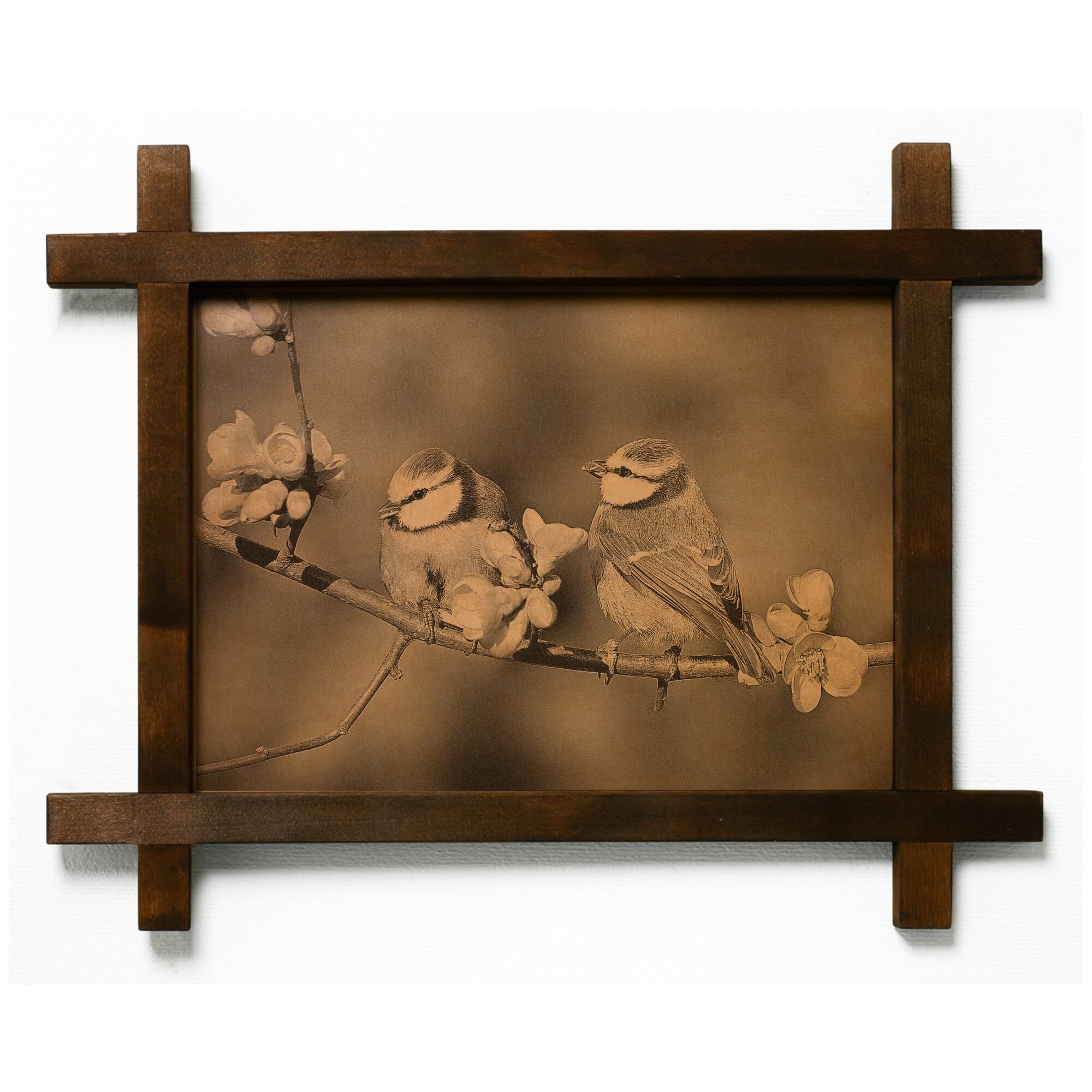 Интерьерная картина из натуральной кожи "Птички на ветке", декоративное настенное панно в деревянной раме, BoomGift