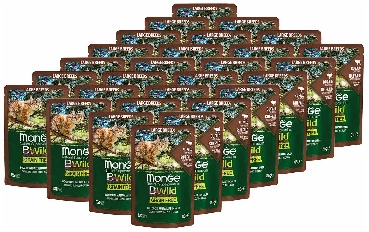 Влажный корм для кошек Monge BWILD Feed the Instinct, с буйволом, с овощами 85 г (кусочки в соусе)