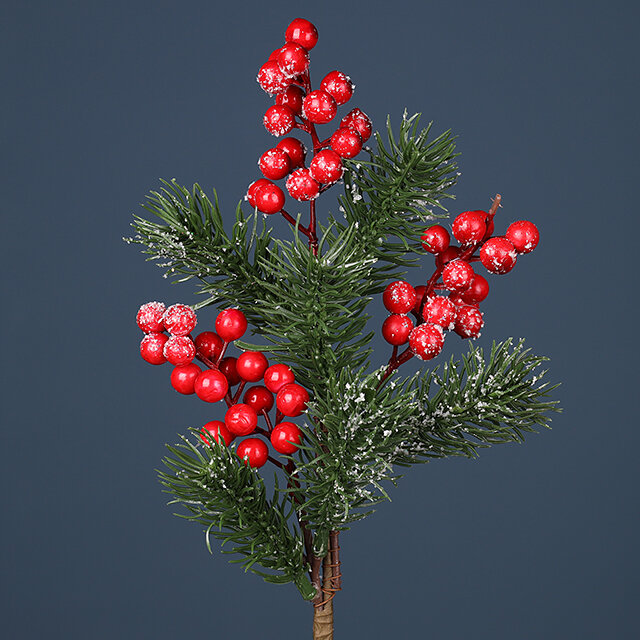 Хвойная ветка с ягодами заснеженная в блестках Red Berry 35 см, литая 100%, TreeDeLuxe, 89175
