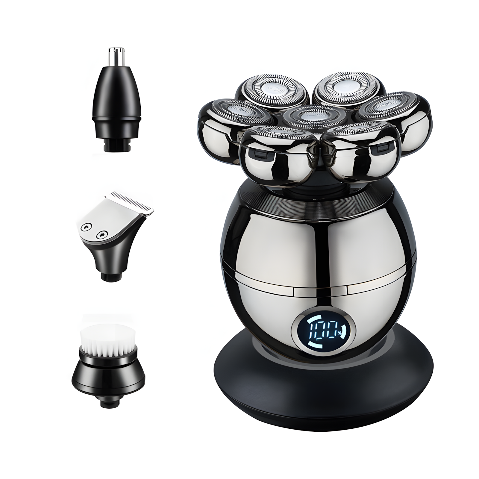 Электрическая бритва RQ8870 с 7 лезвиями + триммер для носа + насадка для стрижки волос + щетка, серебристый