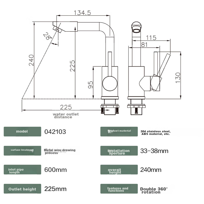 VATTI Basin Faucet Hot And Cold, 304 Stainless Steel Bathroom Sink Faucet, 360° Free Rotation, 042103