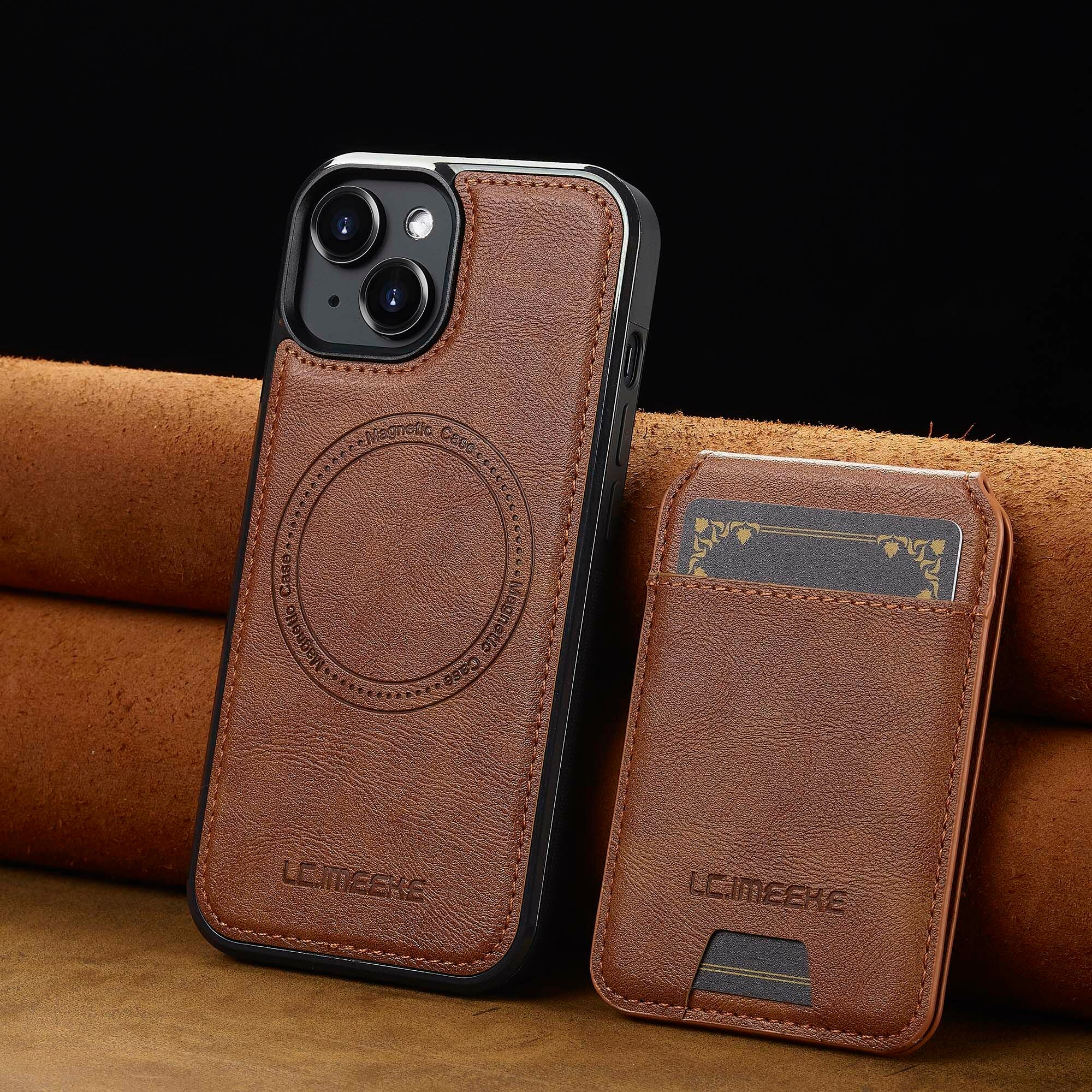 Кожаный чехол для Apple iPhone 13/14 (Эпл Айфон 13/14) со съемным держателем для карт 2 в 1, сильными магнитами, поддержкой беспроводной зарядки, защитой RFID