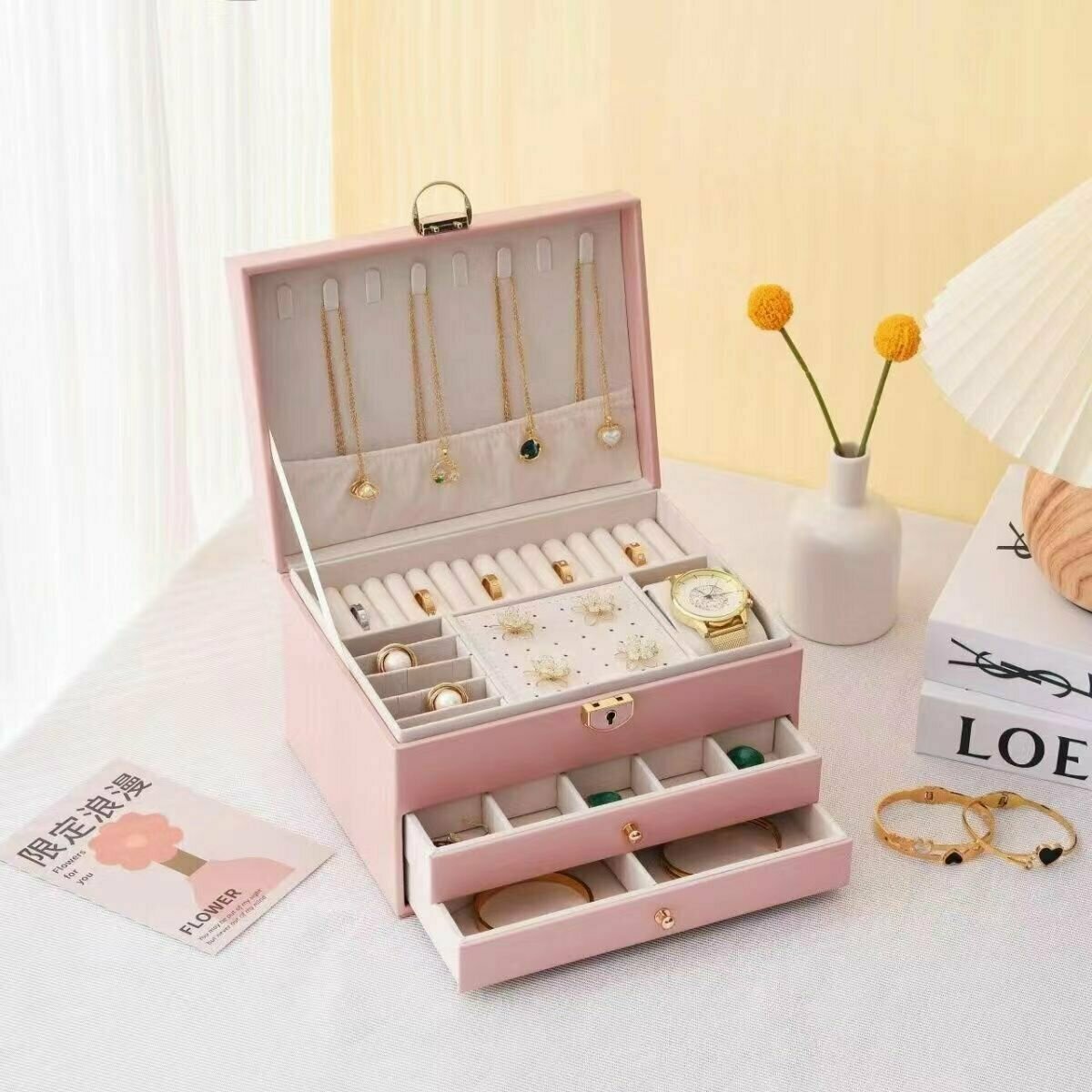 Шкатулка Light Luxury Jewelry Box, для хранения украшений, розовая, 3-х ярусная