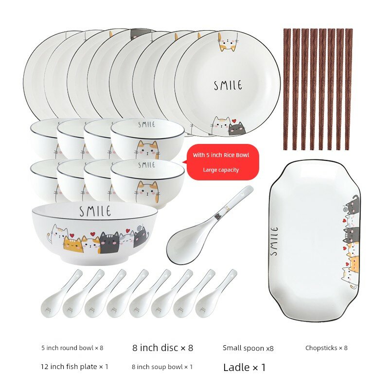 Кошачья тематика керамическая посуда, круглая форма, 8 персон, 35 предметов с 5-дюймовыми тарелками, современная