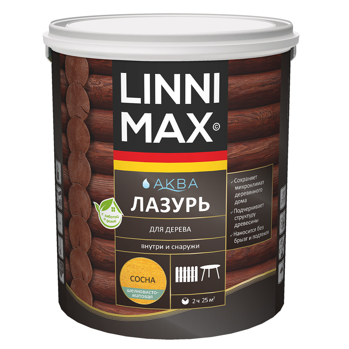 Лазурь деревозащитная Linnimax аква, сосна, шелковисто-матовая, 2.5 л