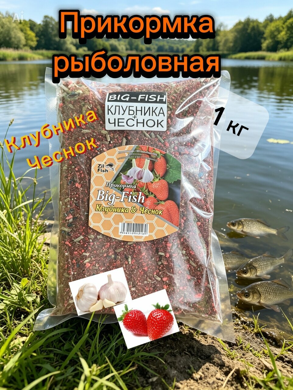 Прикормка рыболовная " Клубника & Чеснок". 1кг, пылящая, крупные гранулы