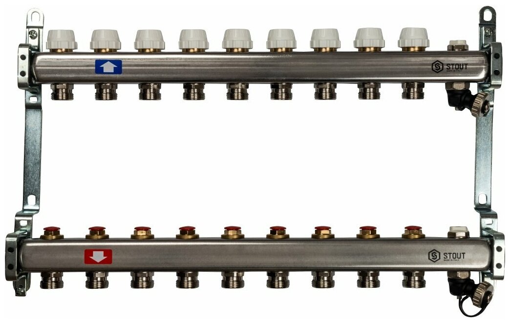 Распределительный коллектор из нерж. стали STOUT 1" х 3/4" х 9 выходов с клапаном без расходомеров