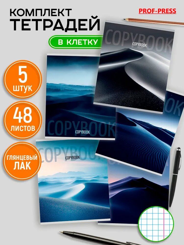 Тетрадь 48 листов в клетку Prof-Press, набор 5 штук