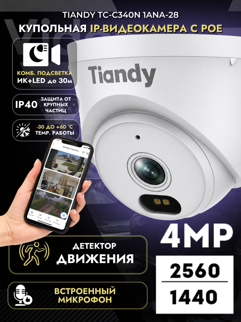 Камера видеонаблюдения TIANDY TC-C340N 1ANA-28 внутренняя 4 Мп, тип Проводной Белый Купольная