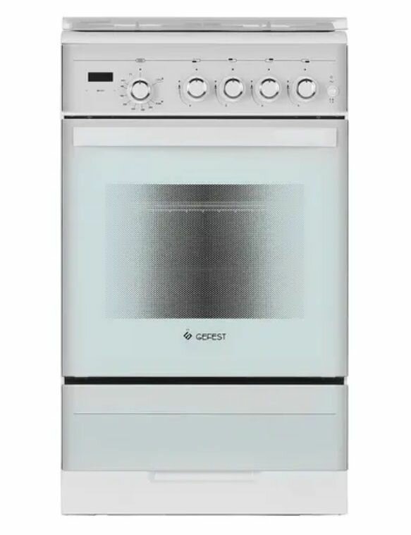 Газовая плита Gefest 5300-03 0040, объем 52л, сенсорный таймер, гриль, электророзжиг, встроенный в ручку, белая