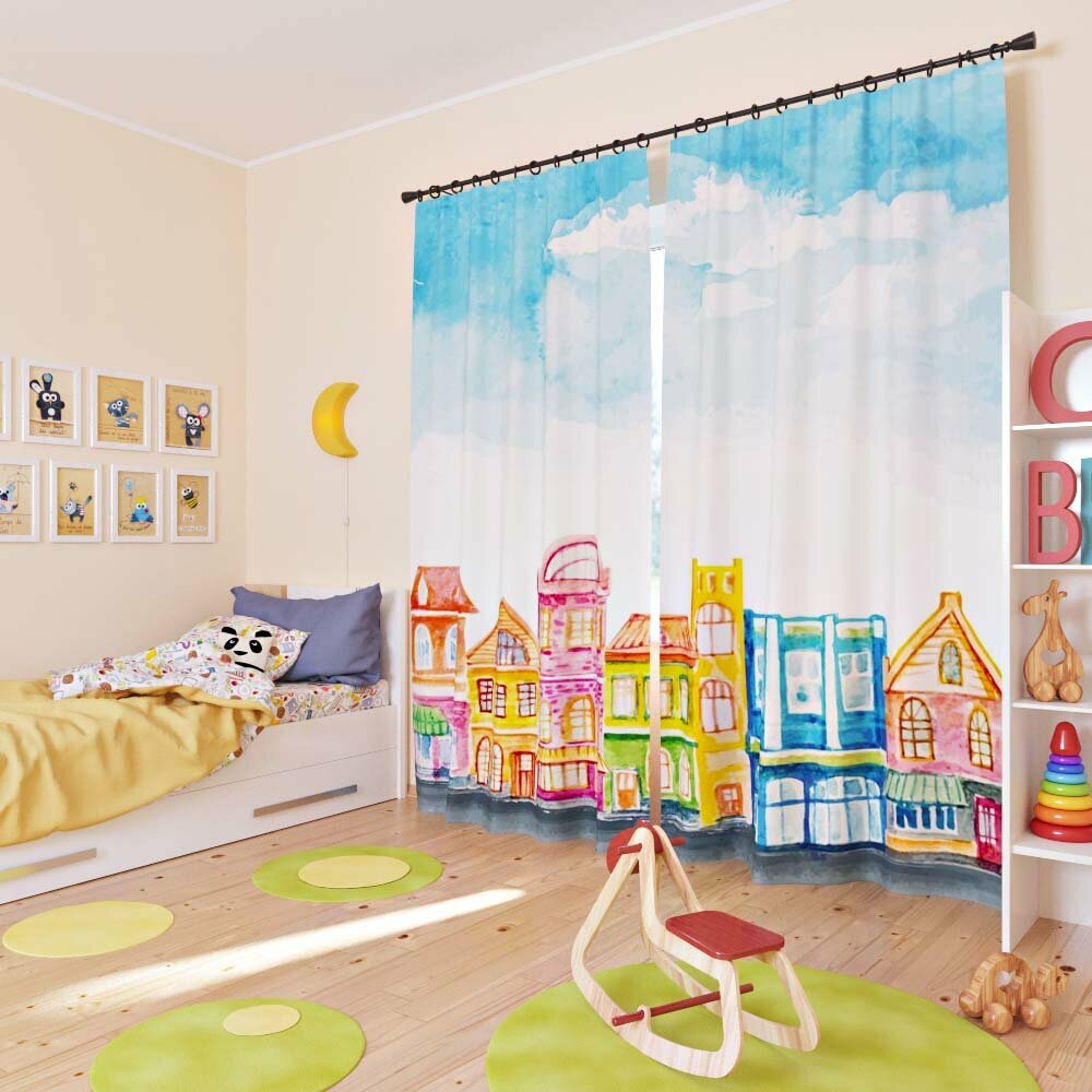 Шторы блэкаут на ленте в детскую с рисунком комплект Фотошторы Нарисованный город замок Ш150xВ295 см. 2шт.