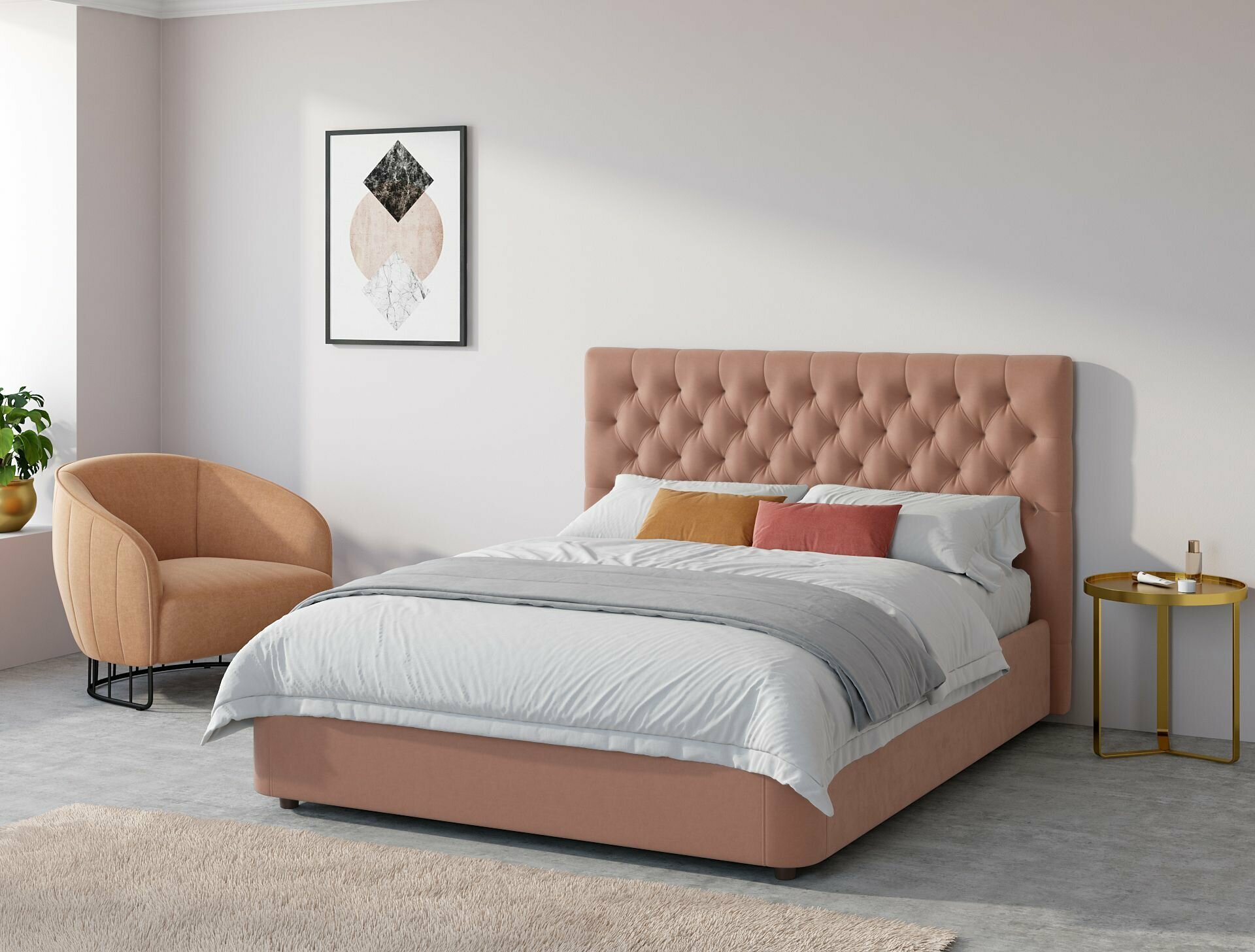Двуспальная кровать 120х200, "Libery" с мягким изголовьем для дома, для спальни, ортопедическое основание. Велюр Пудровый (без подъёмного механизма) Teddy 026