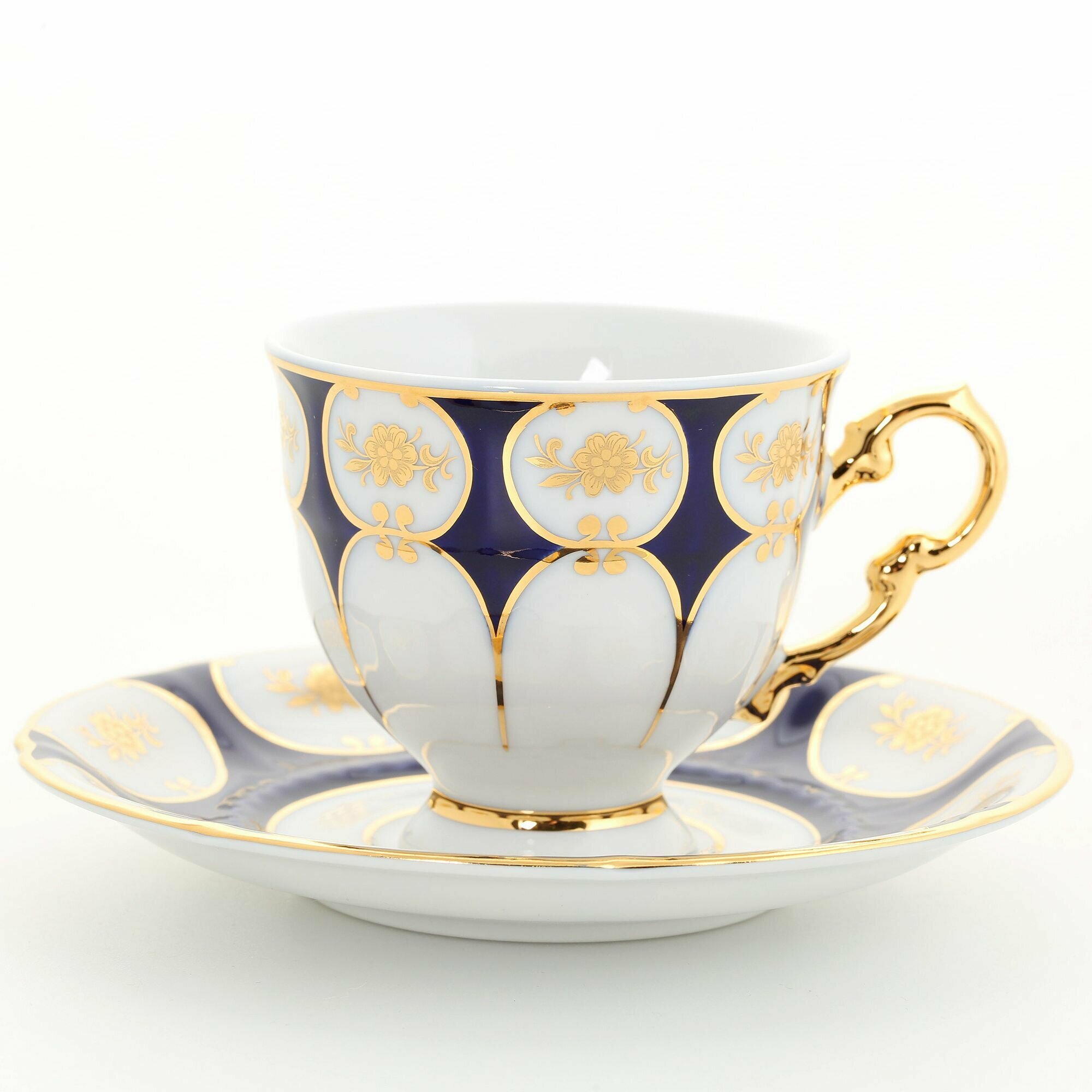 Чашка высокая с блюдцем Leander Соната "Золотой цветок, кобальт", 150 мл.