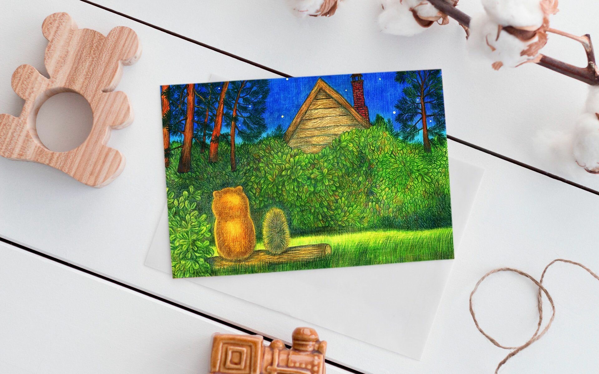 Открытка поздравительная с конвертом Ежик в тумане. Открытка для посткроссинга Ежик и медвежонок