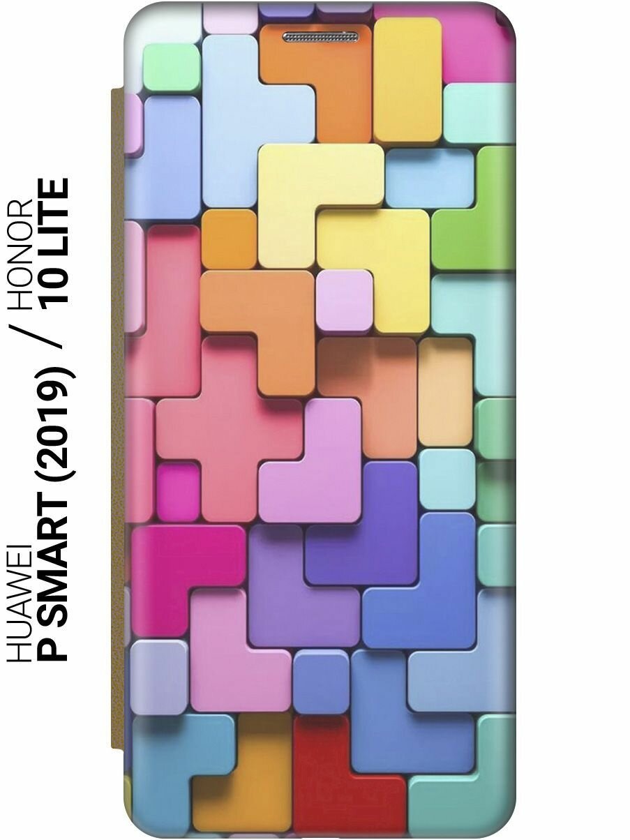 Чехол-книжка на Honor 10 Lite, Huawei P Smart (2019), Хуавей П Смарт (2019), Хонор 10 Лайт с 3D принтом "Паттерн из блоков" золотой