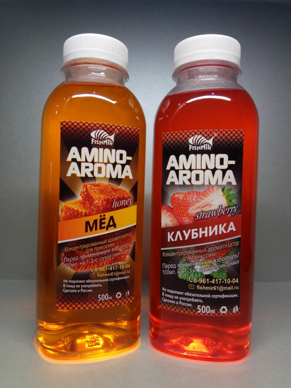 "Клубника" и "МЁД" набор ароматизаторов для прикормки, 2 флакона по 500 мл, AMINO AROMA от FISHMIR