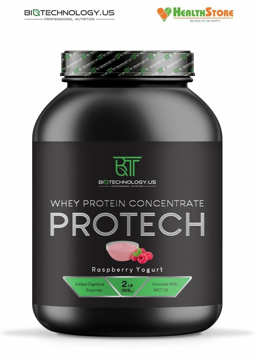 Biotechnology.US Whey Protein Concentrate PROTECH 0,9кг (малиновый йогурт) сывороточный протеин, протеиновый коктейль с энзимами для лучшего усвоения белка США