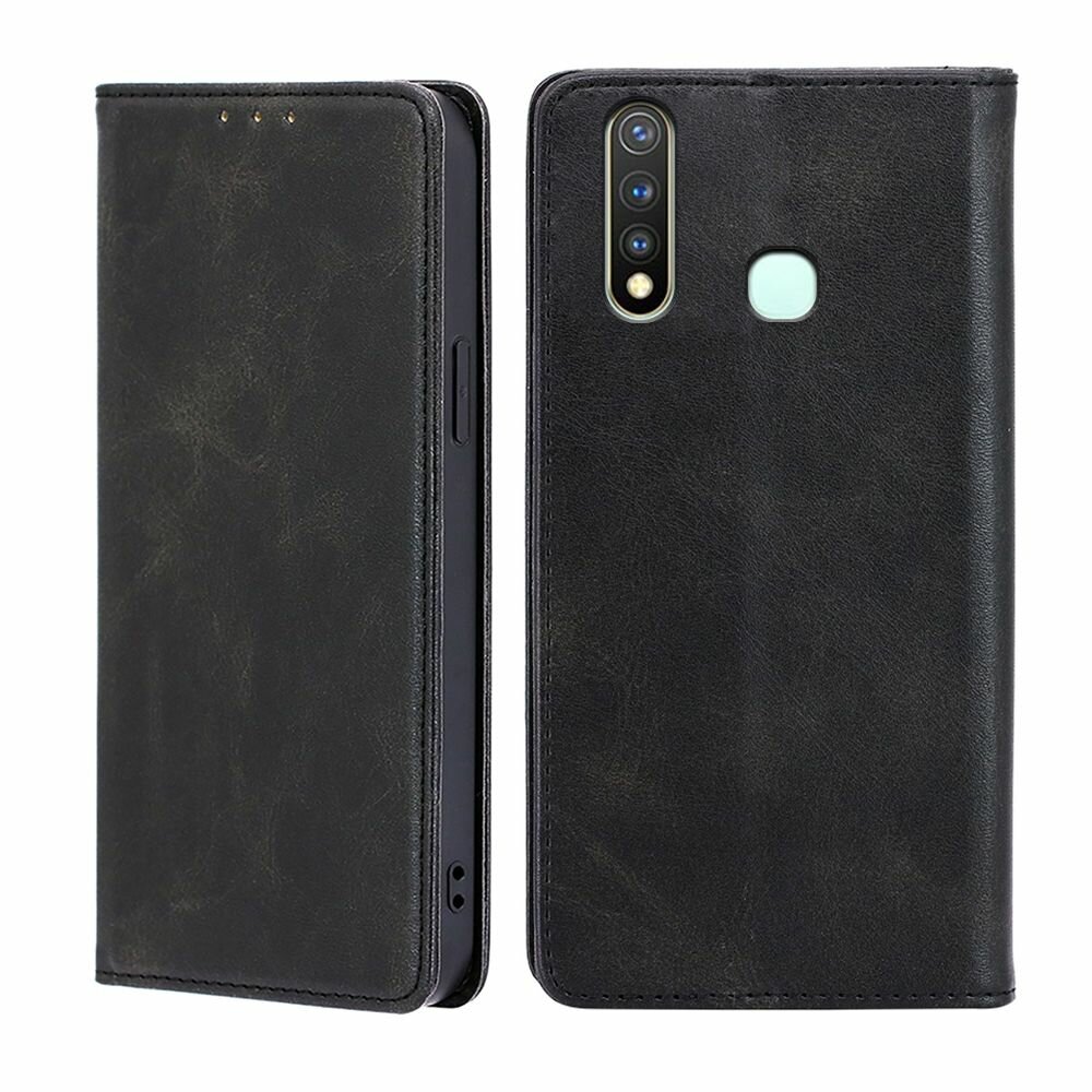 Чехол-книжка MyPads для Vivo Y19 / Виво Y19, Телячья кожа, закрывающаяся на магнит, черный