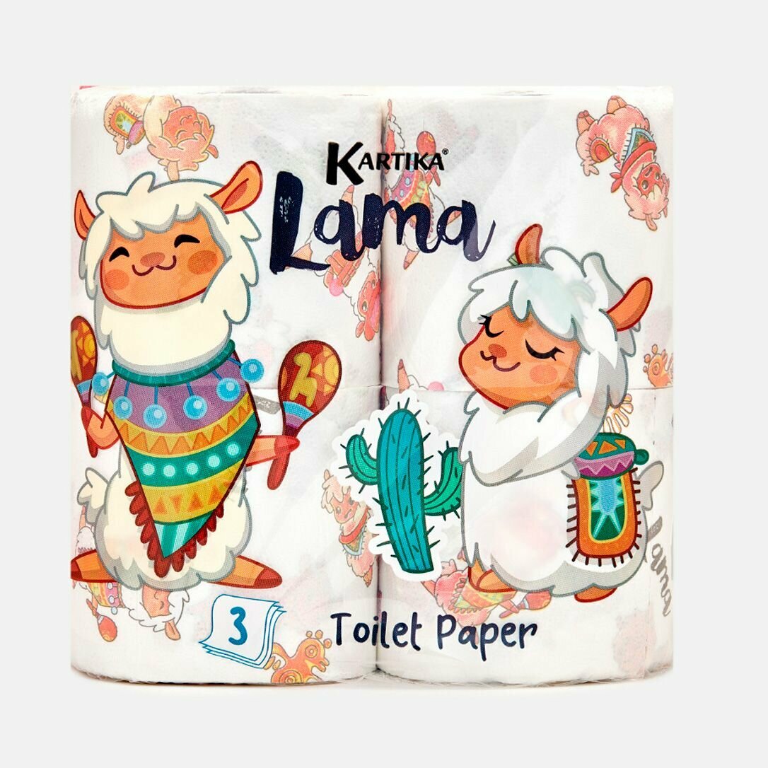 Туалетная бумага с рисунком "Лама" 3 слоя, 4 рулона по 200 листов, World Cart