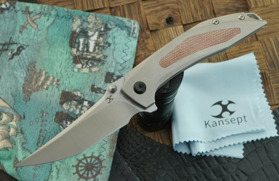 Складной нож Kansept Knives Baku, сталь CPM S35VN, сатин, рукоять титан/коричневая микарта