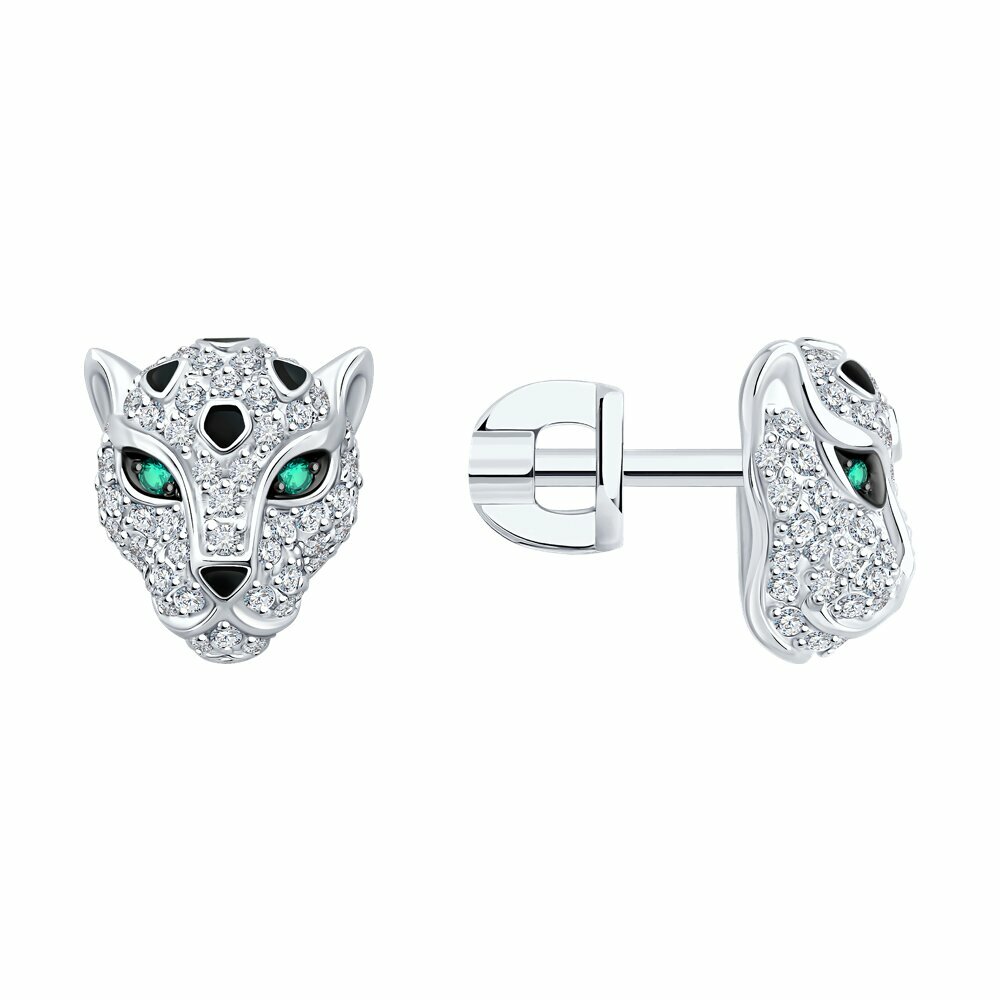 Серьги, белое золото, 585 проба, бриллиант, изумруд, эмаль