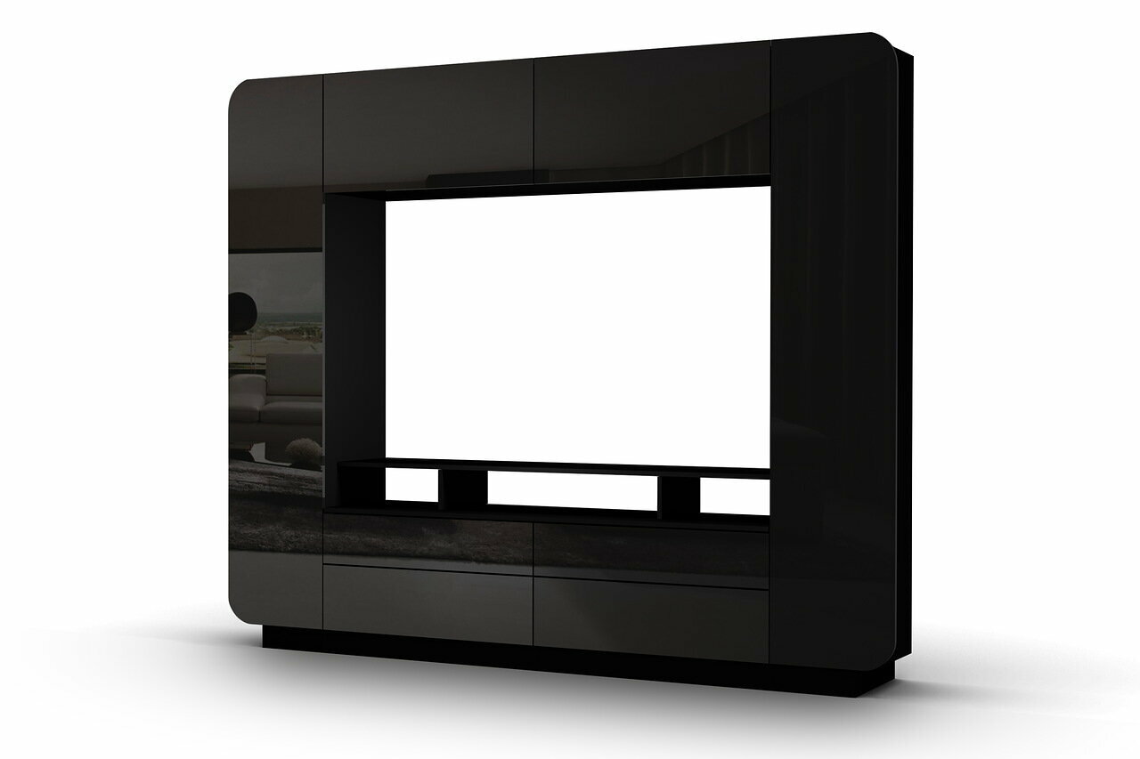 Гостиная Купертино МДФ (с полкой под ТВ) (черная) NEW 240x39x195 см, черный, ченый фасадный Фиеста